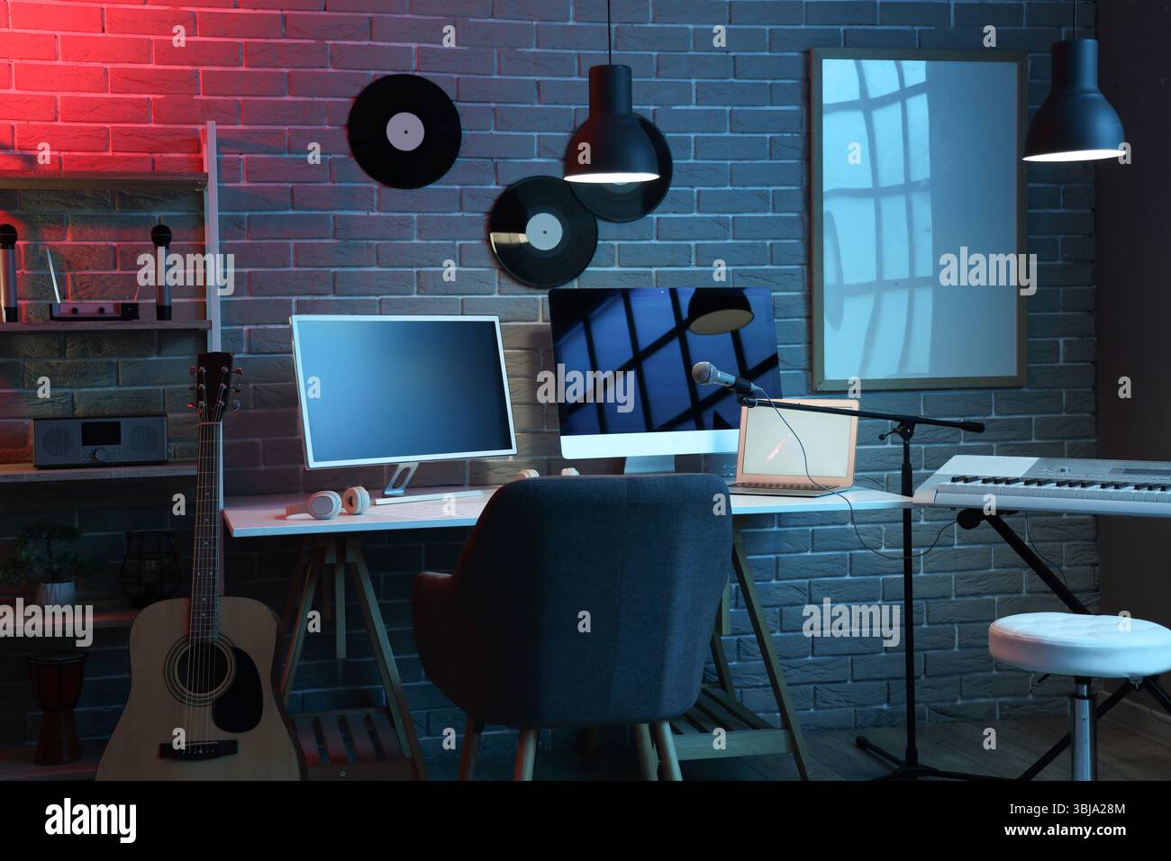 Interior of dark recording studio with workplace and musical ...