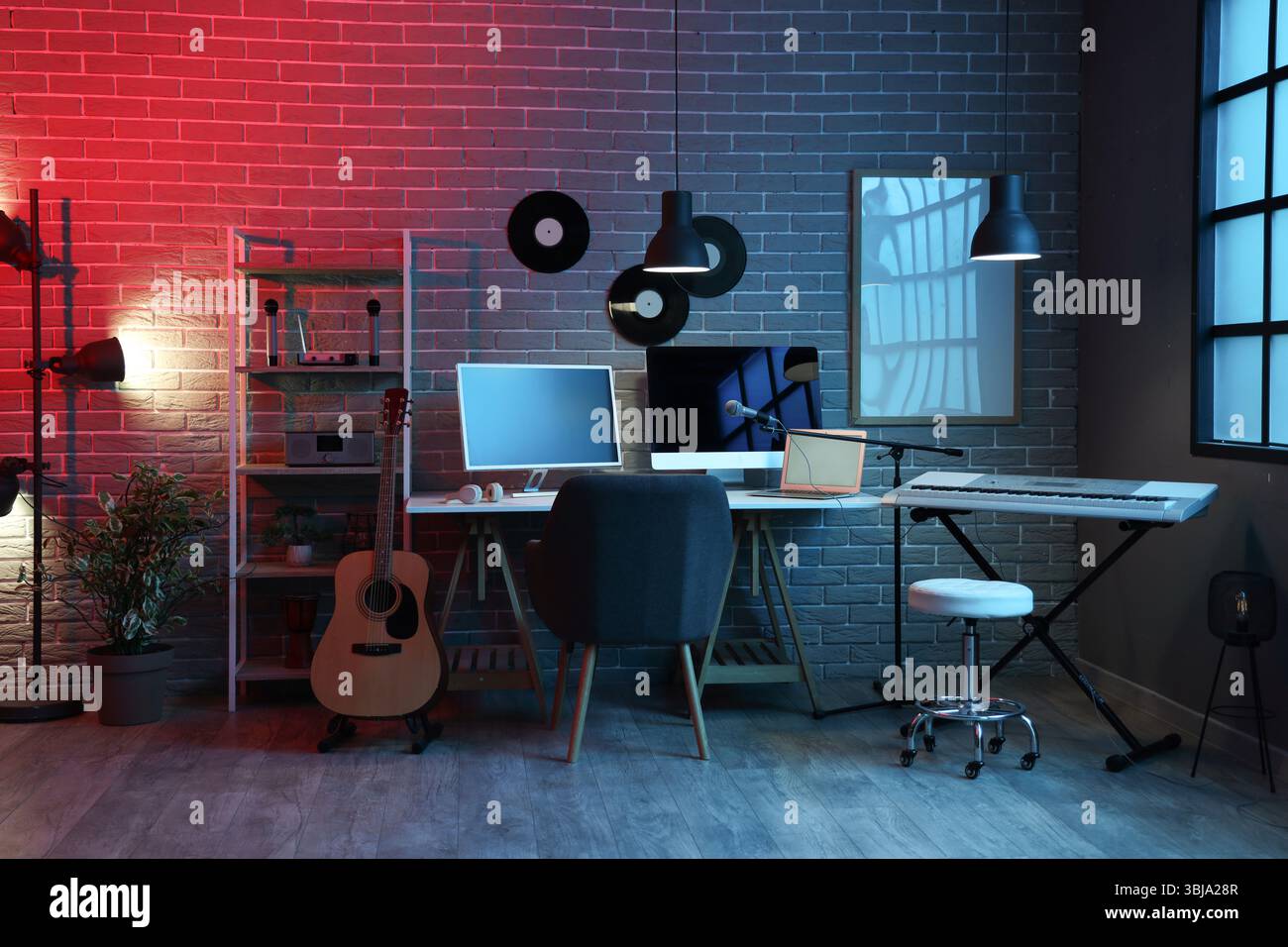 Interior of dark recording studio with workplace and musical ...