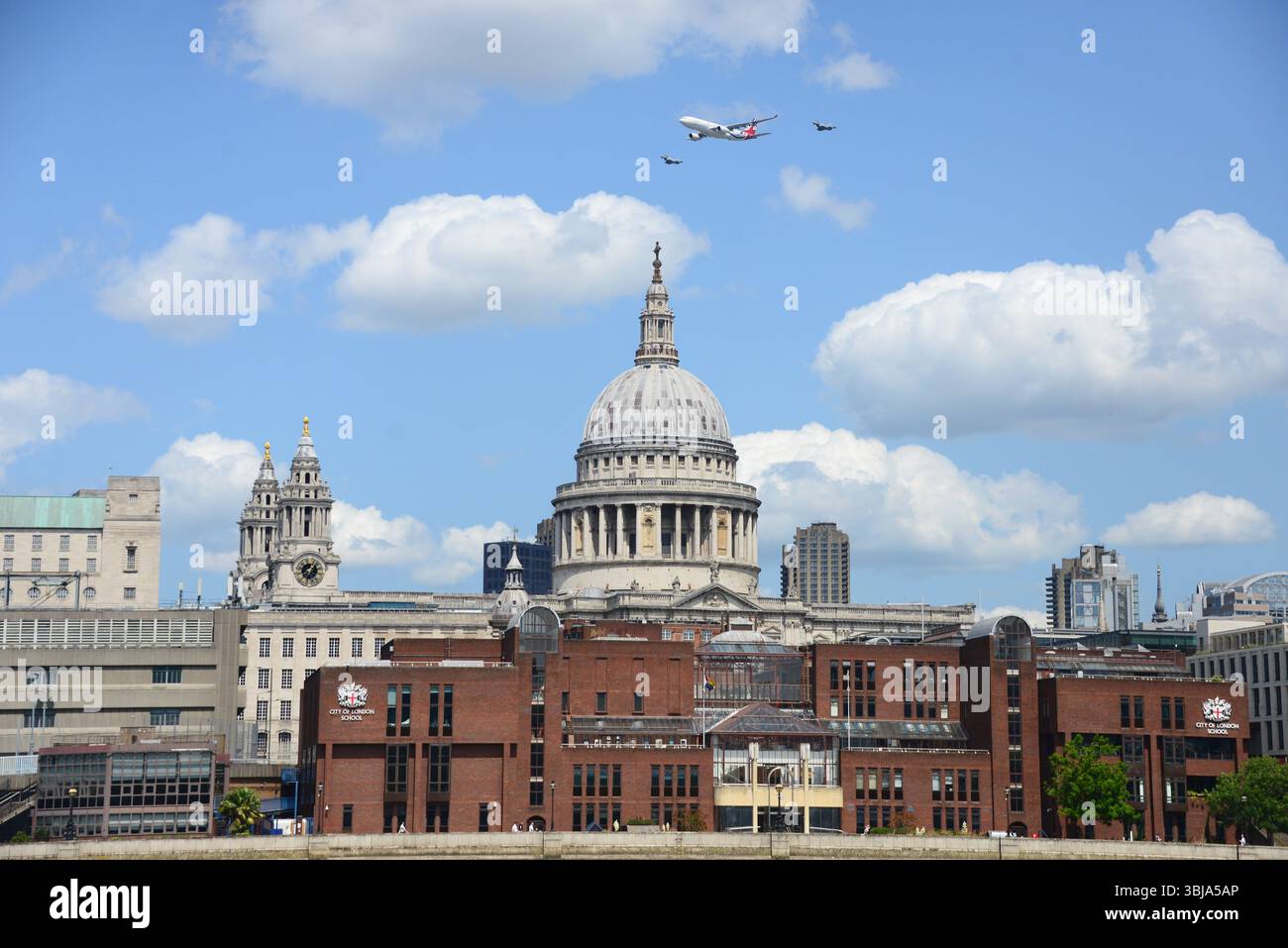An RAF Voyager Vespina and 2 Typhoon Jets taking part in the Trooping ...