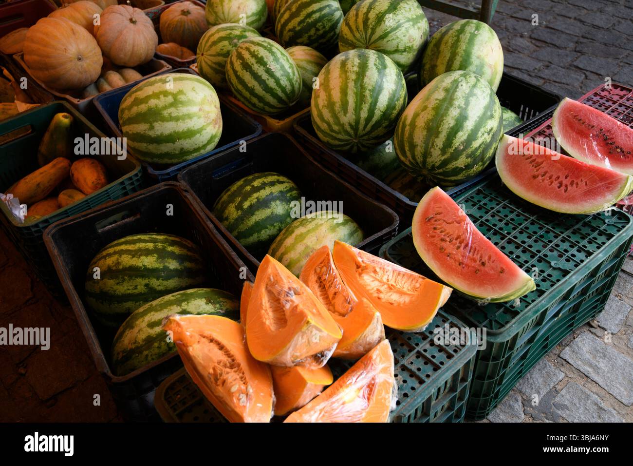 Fruit and vegetable stall at an open street market in Serra Branca ...