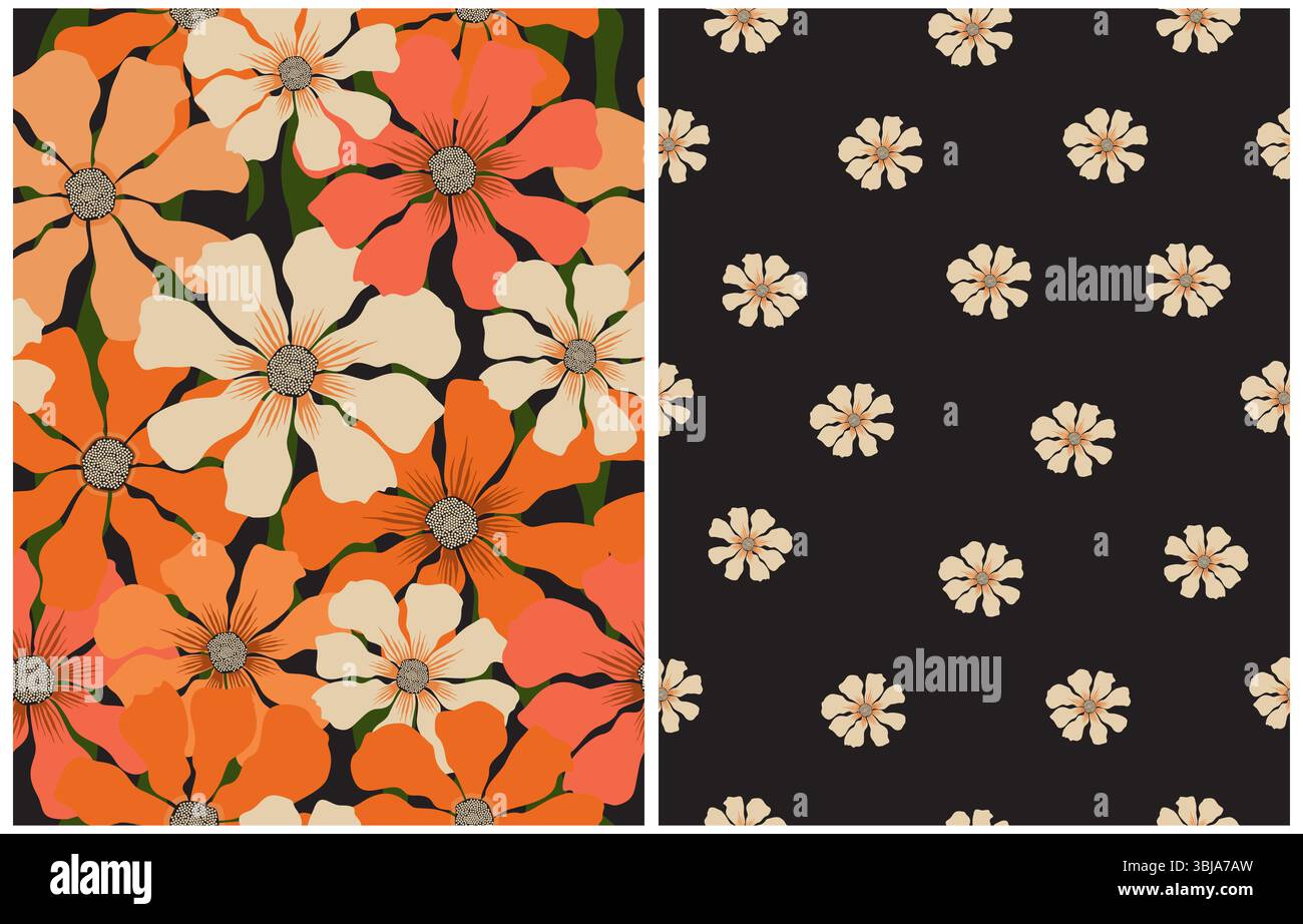 Vintage Style Floral Seamless Vector Patterns. Trendy Hand Drawn ...