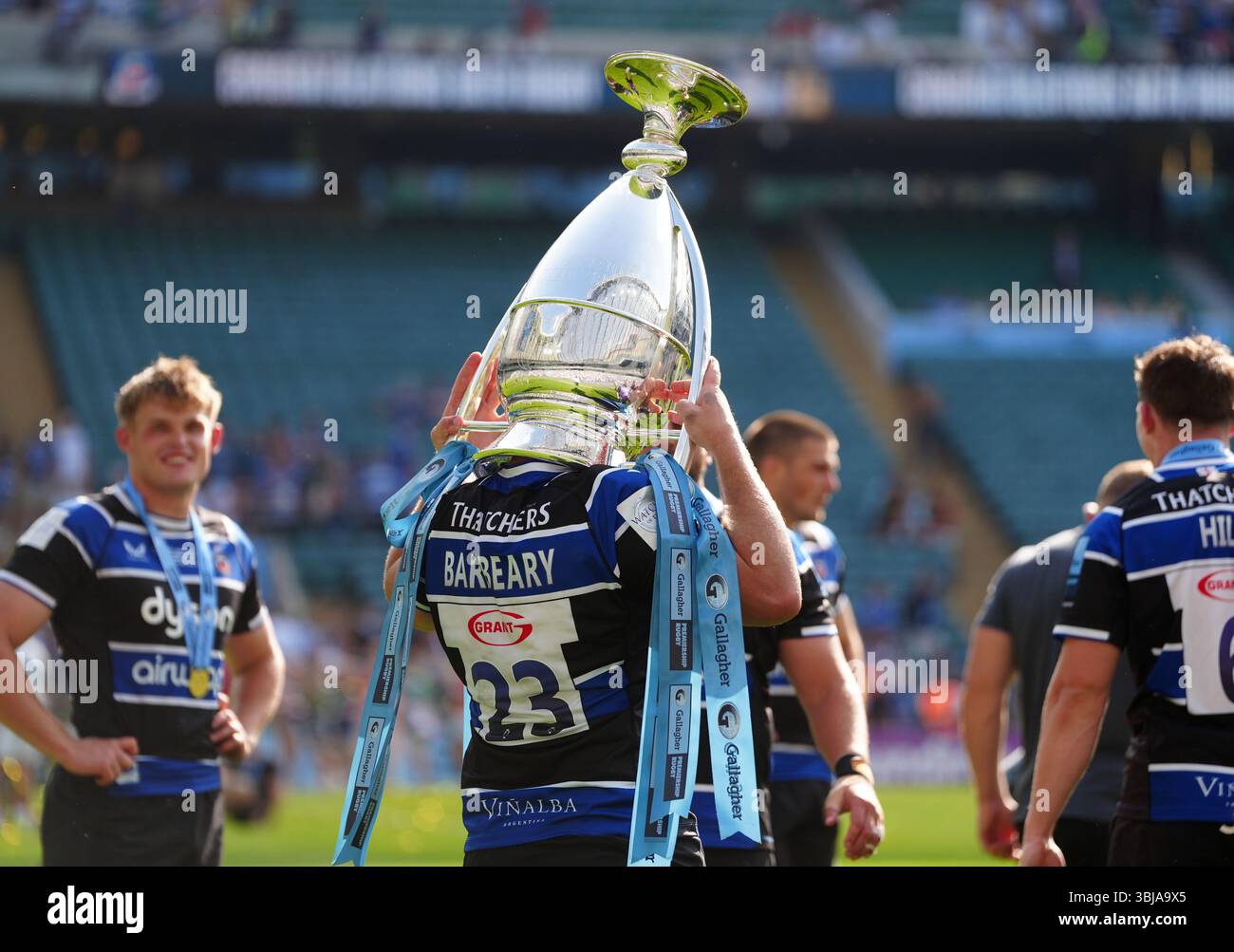 Bath Rugby's Alfie Barbeary celebrates with the trophy after the ...