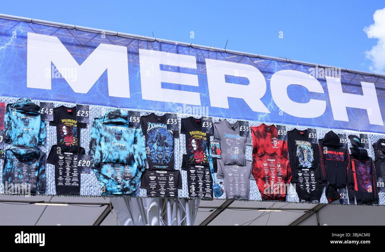 Leicestershire, UK. Saturday June 14, 2025. A view of the official download merch at the ...