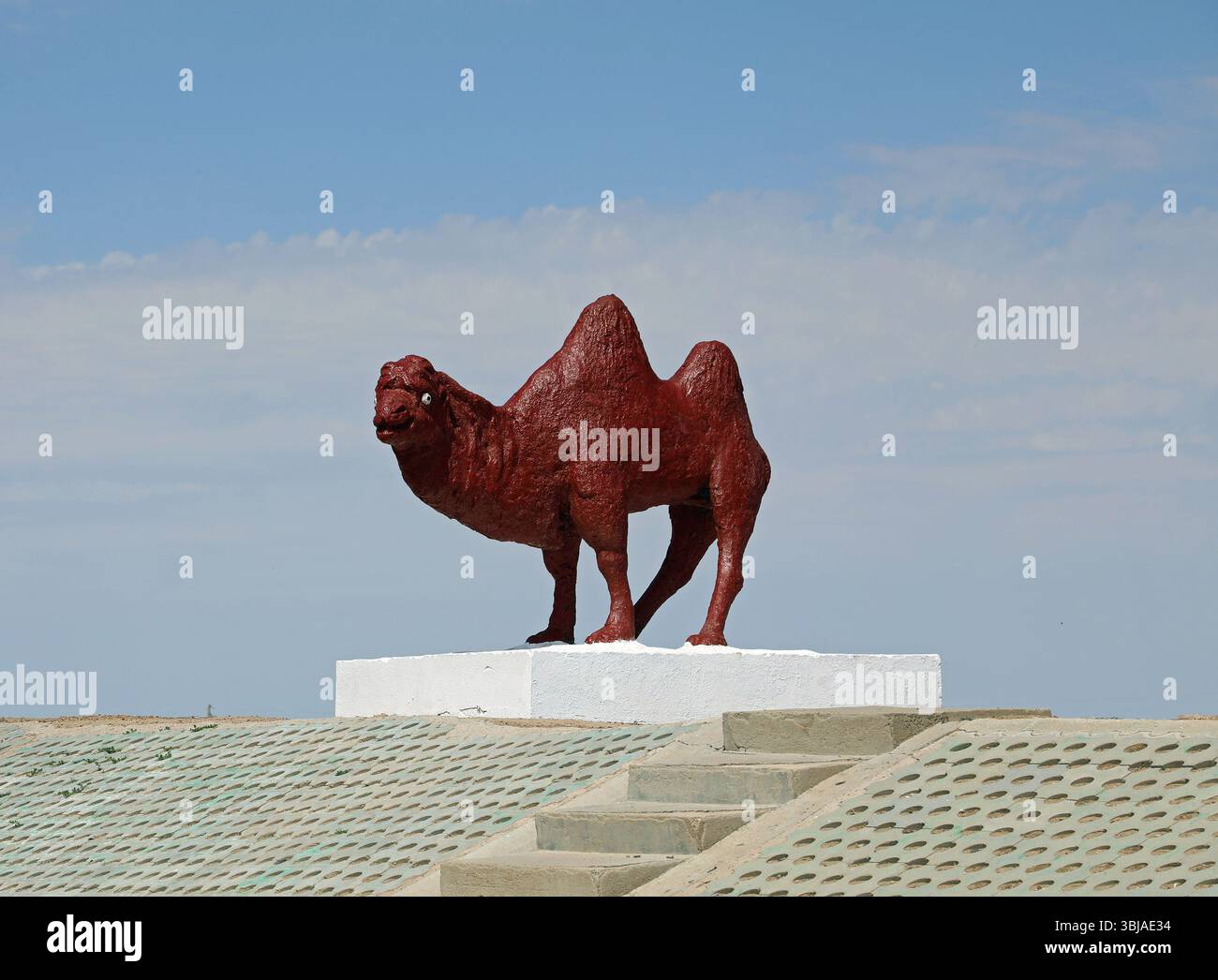 Roadside sculpture of a Mongolian camel at Sainshand in the Gobi Desert ...