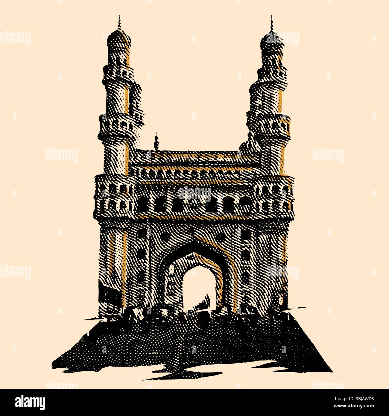 Artistic illustration of Charminar, an iconic monument in Hyderabad, India, showcasing rich ...