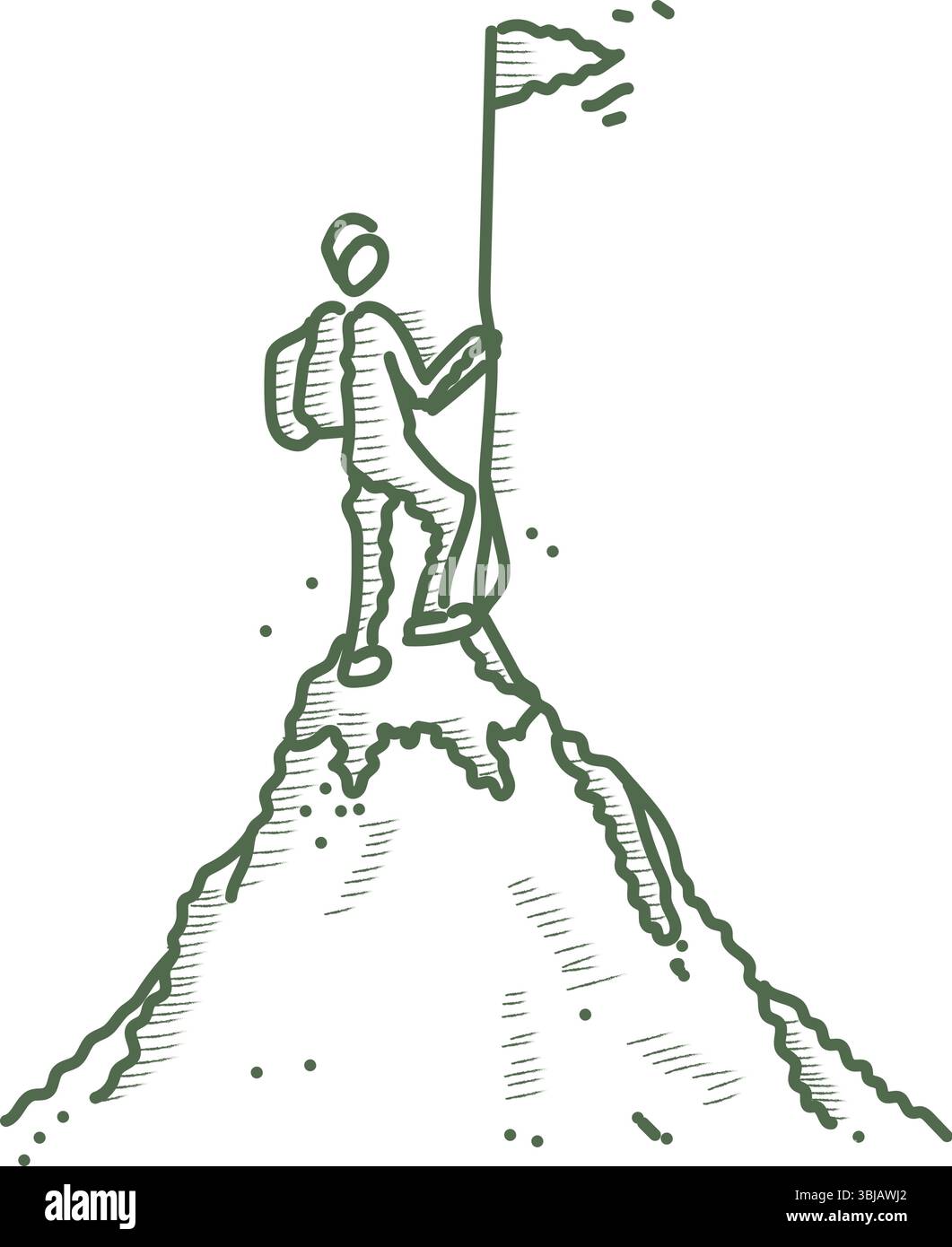Inspirational drawing of a man placing a flag atop a hill, symbolizing ...