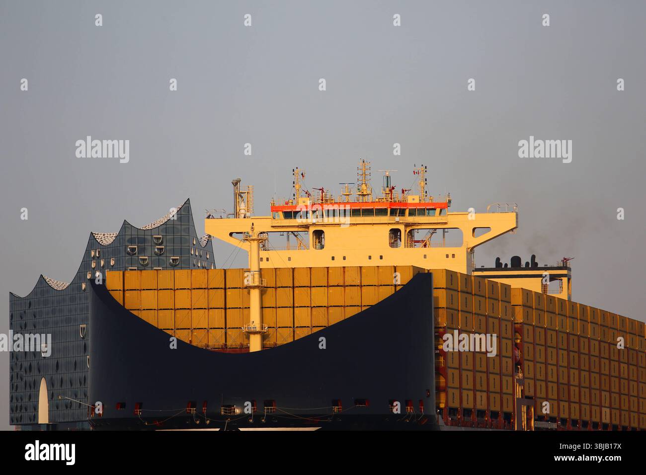 Der Containerfrachter MSC Germany liegt vor den Landungbrücken im ...