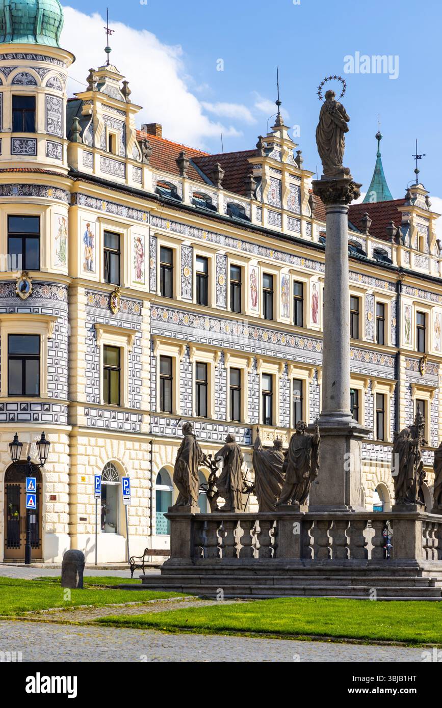 Baroque Marian plague column with statues of saints standing in Alsovo ...