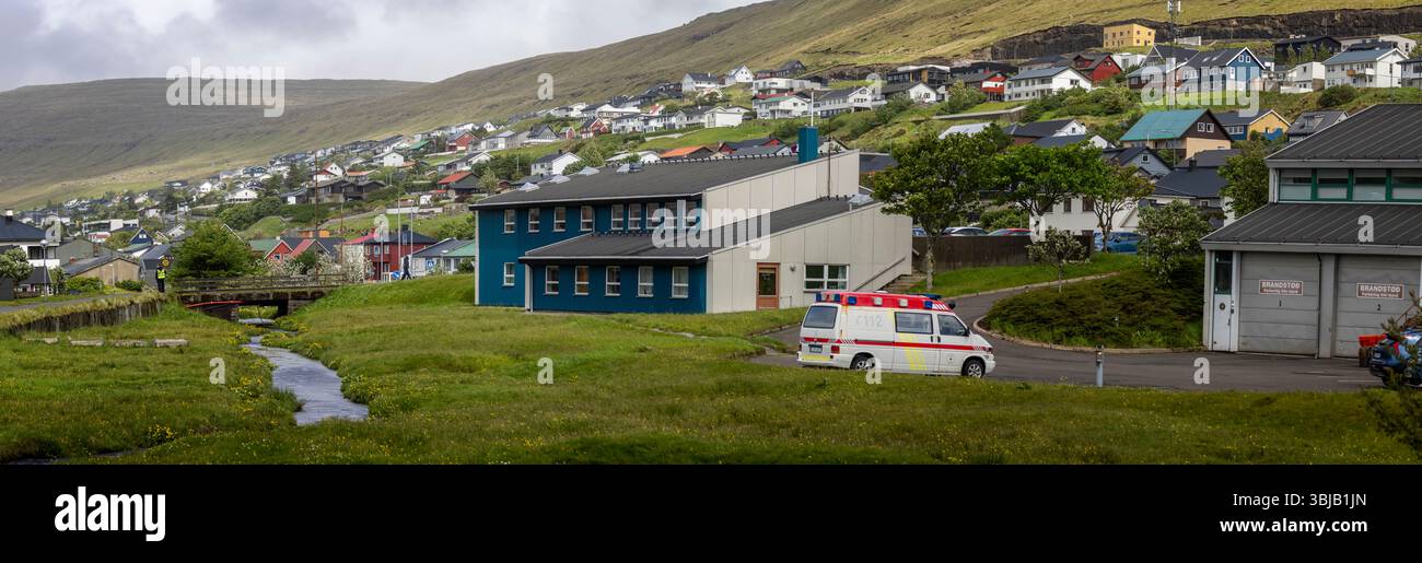 Panoramic view of the town of Runavik on Eysturoy Island in the Faroe ...