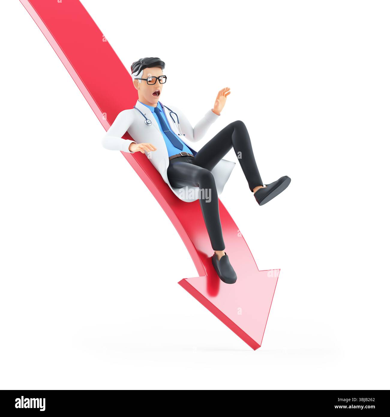 3d cartoon doctor falling off downward arrow, illustration isolated on ...