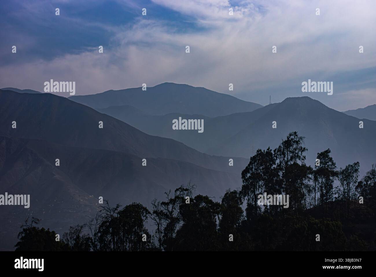 Early morning in the hills of Chosica, Lima, Peru. High-voltage ...