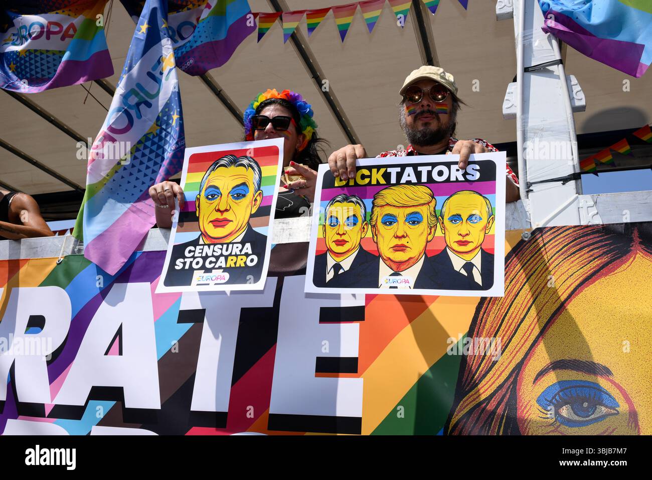 Rome, Italy. 14th June, 2025. Participant hold placards depicting the ...