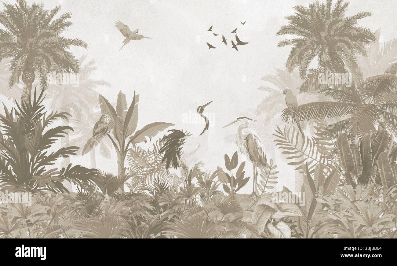Aged Nature Wall Mural: Faded Sepia Tropical Plants Background with ...