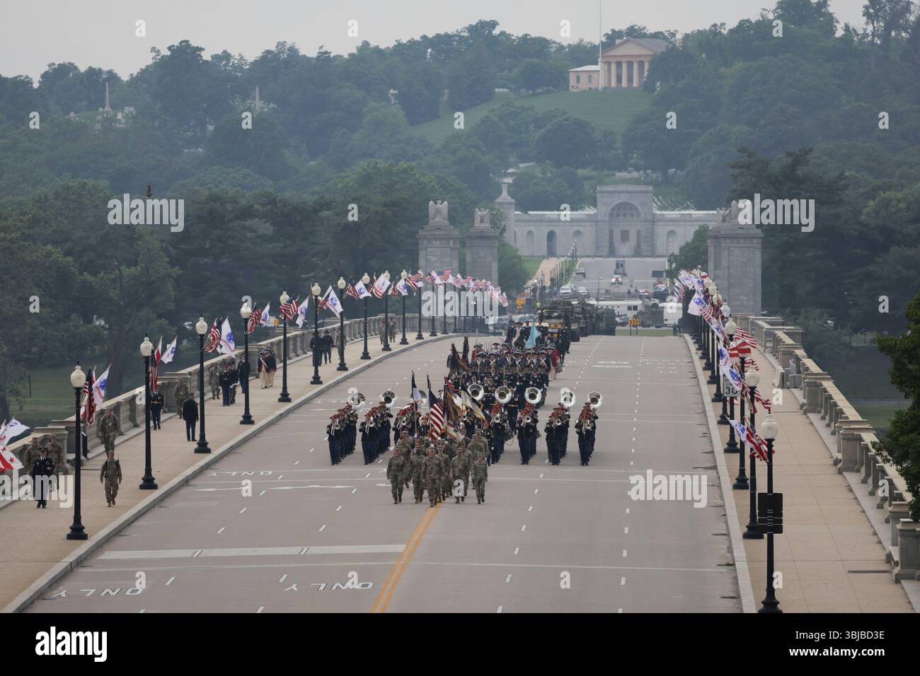 Military march over the Memorial Bridge during a military parade ...