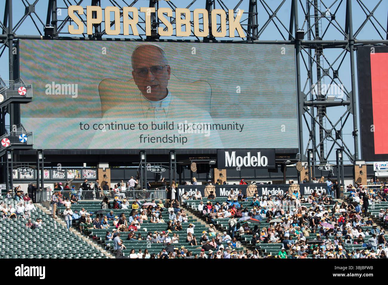 Pope Leo XIV delivers a message to the crowd via video during the ...