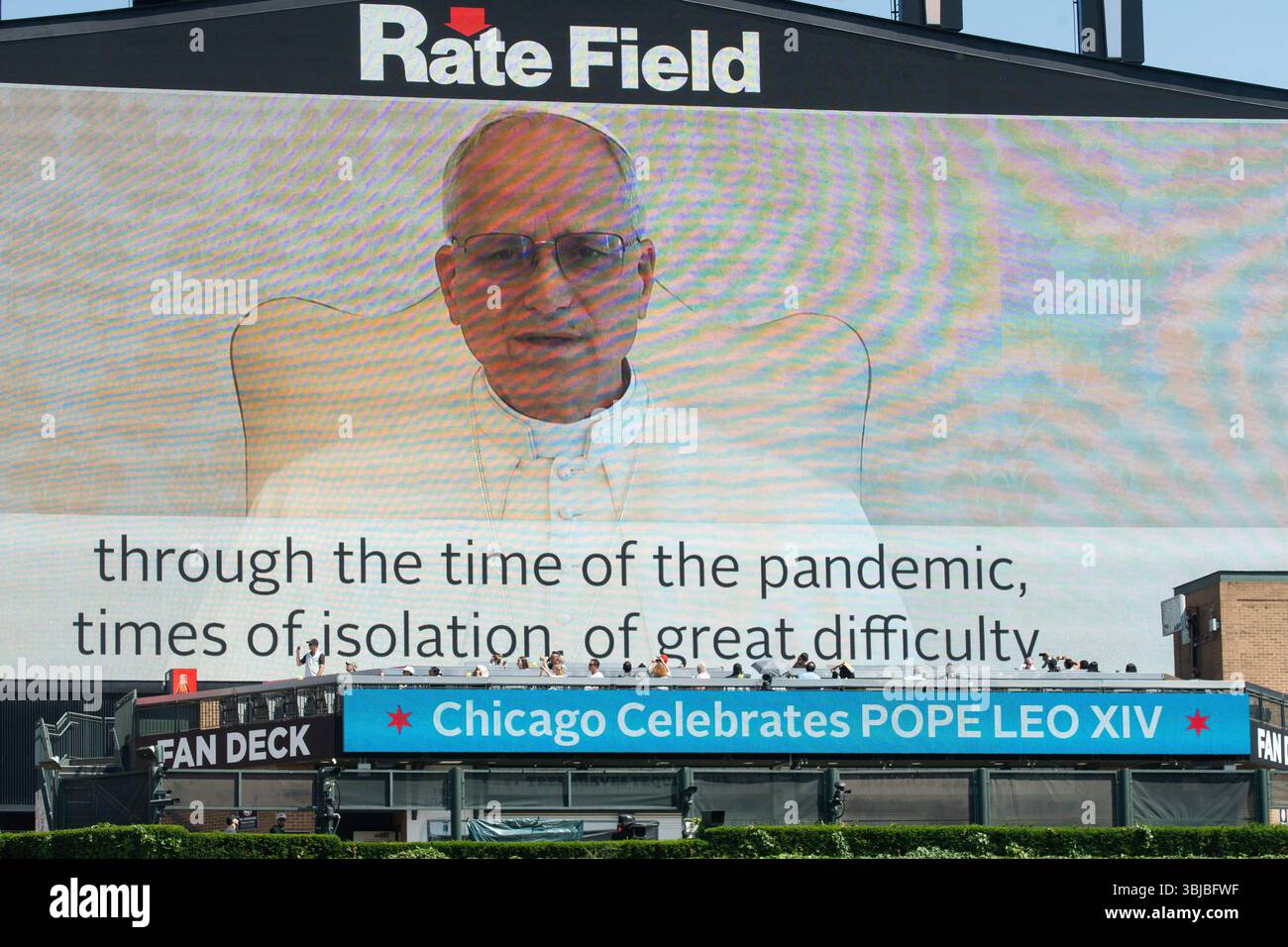 Pope Leo XIV delivers a message to the crowd via video during the ...