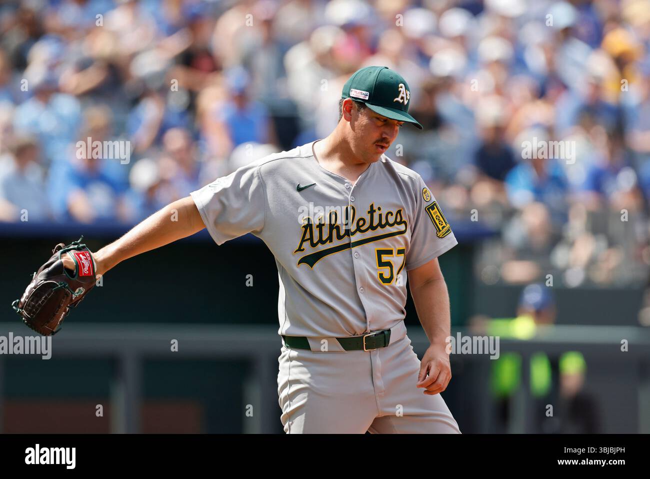Athletics pitcher Jacob Lopez reacts after a balk during the third ...