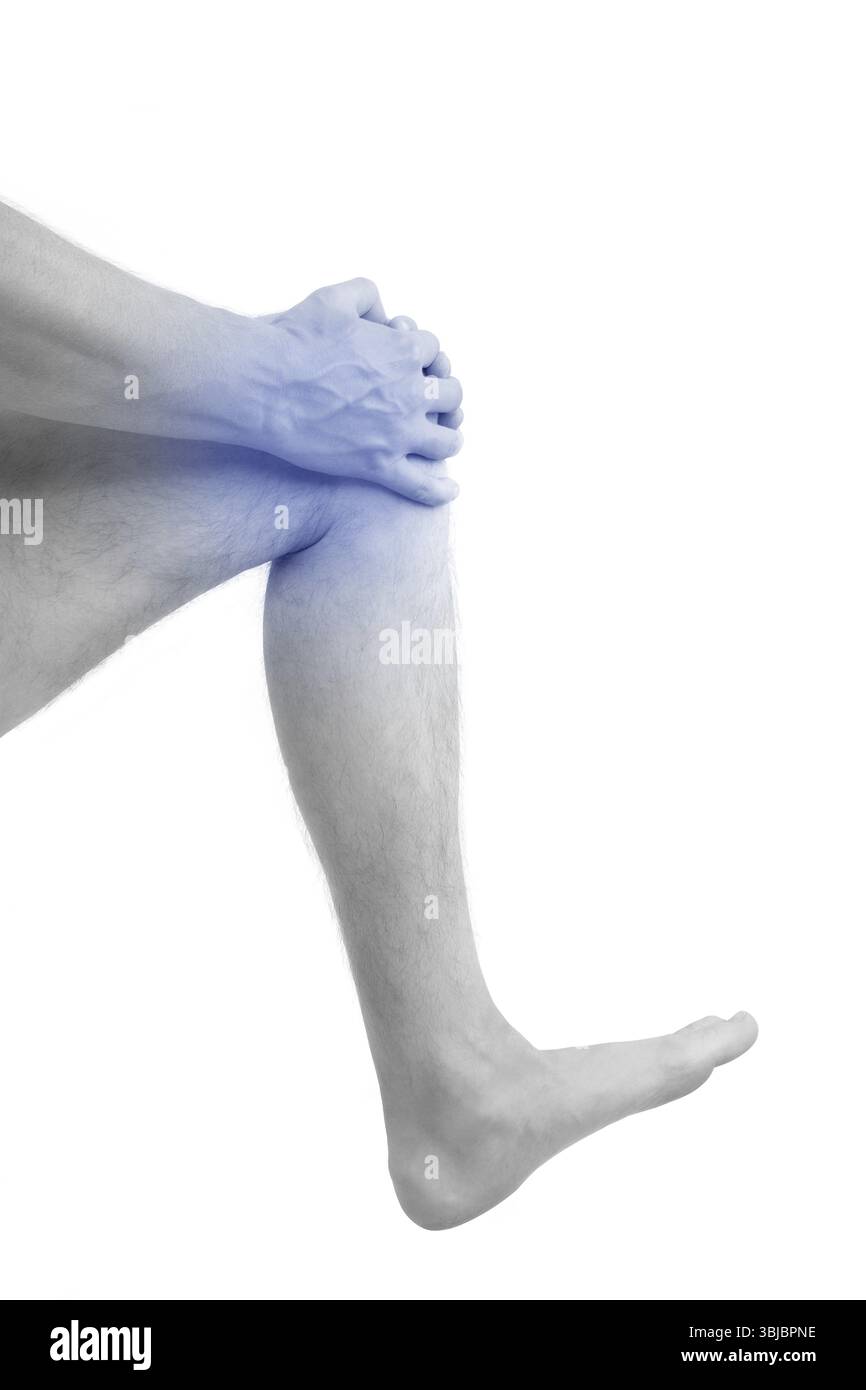 Knee injury. Man holding his knee with highlighted pain are isolated on ...