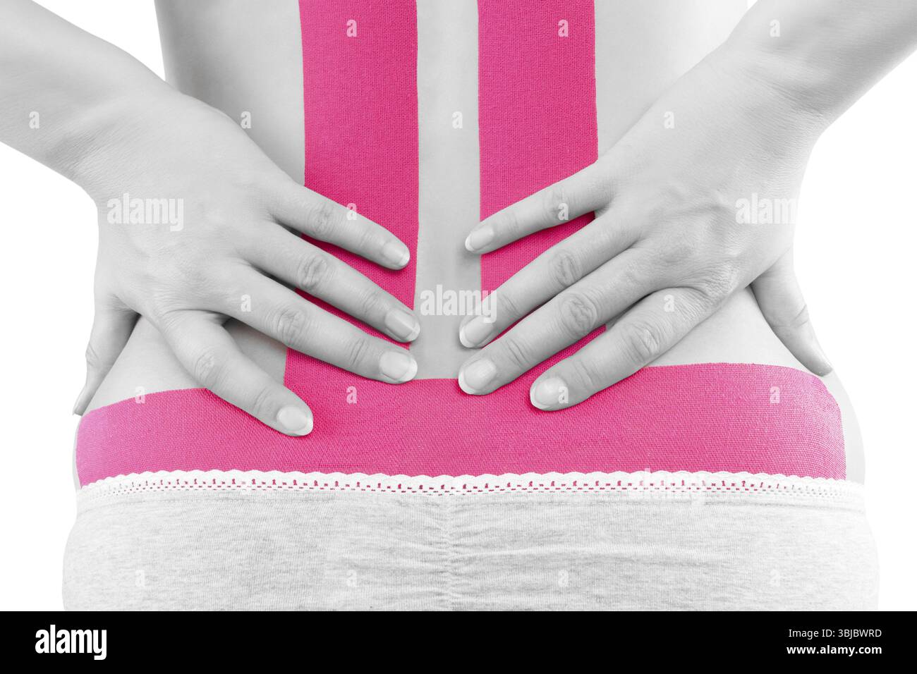 Therapeutic tape on lower back of beautiful woman. Chronic Kidney ...