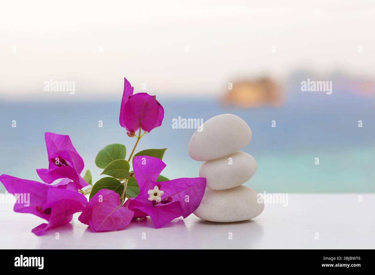 Rock cairn with tropical flour, turquise ocean in background. Zen ...