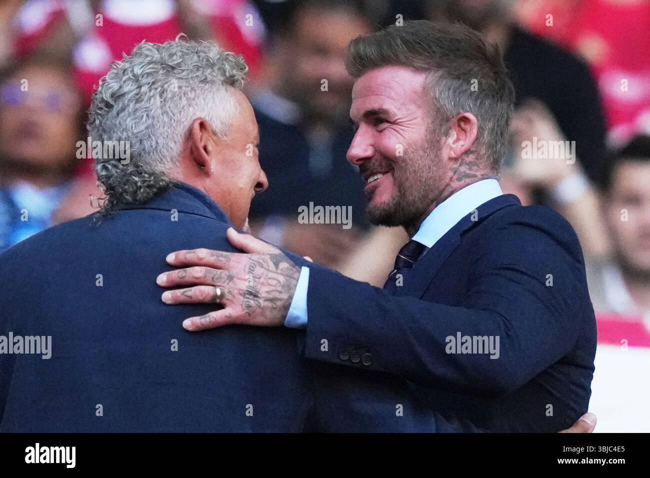 Former Italian soccer star Roberto Baggio, left, and Inter Miami co ...