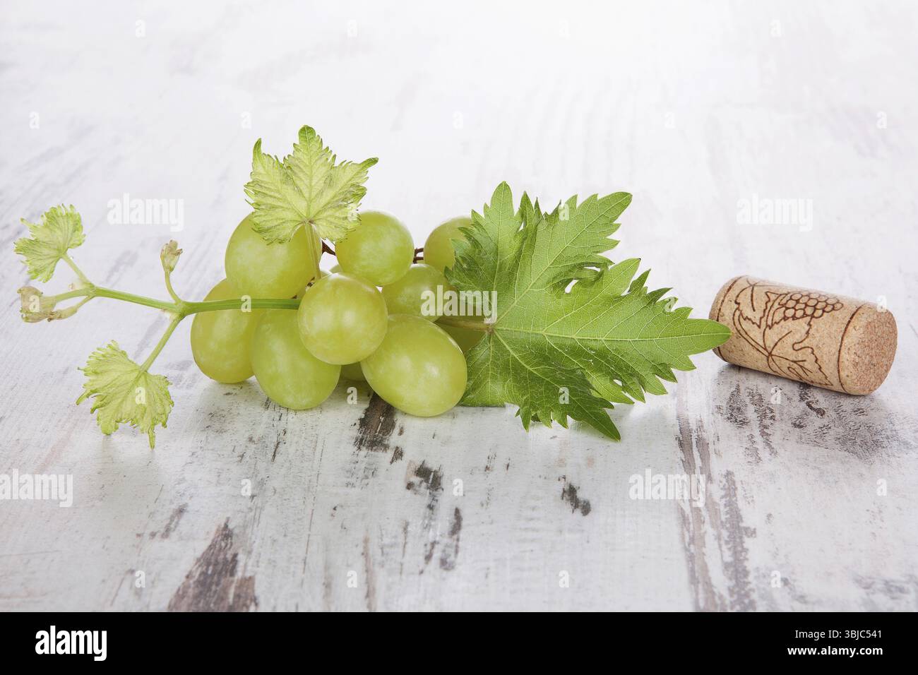 Wine bottle corks and leaves of grape isolated on the white background ...