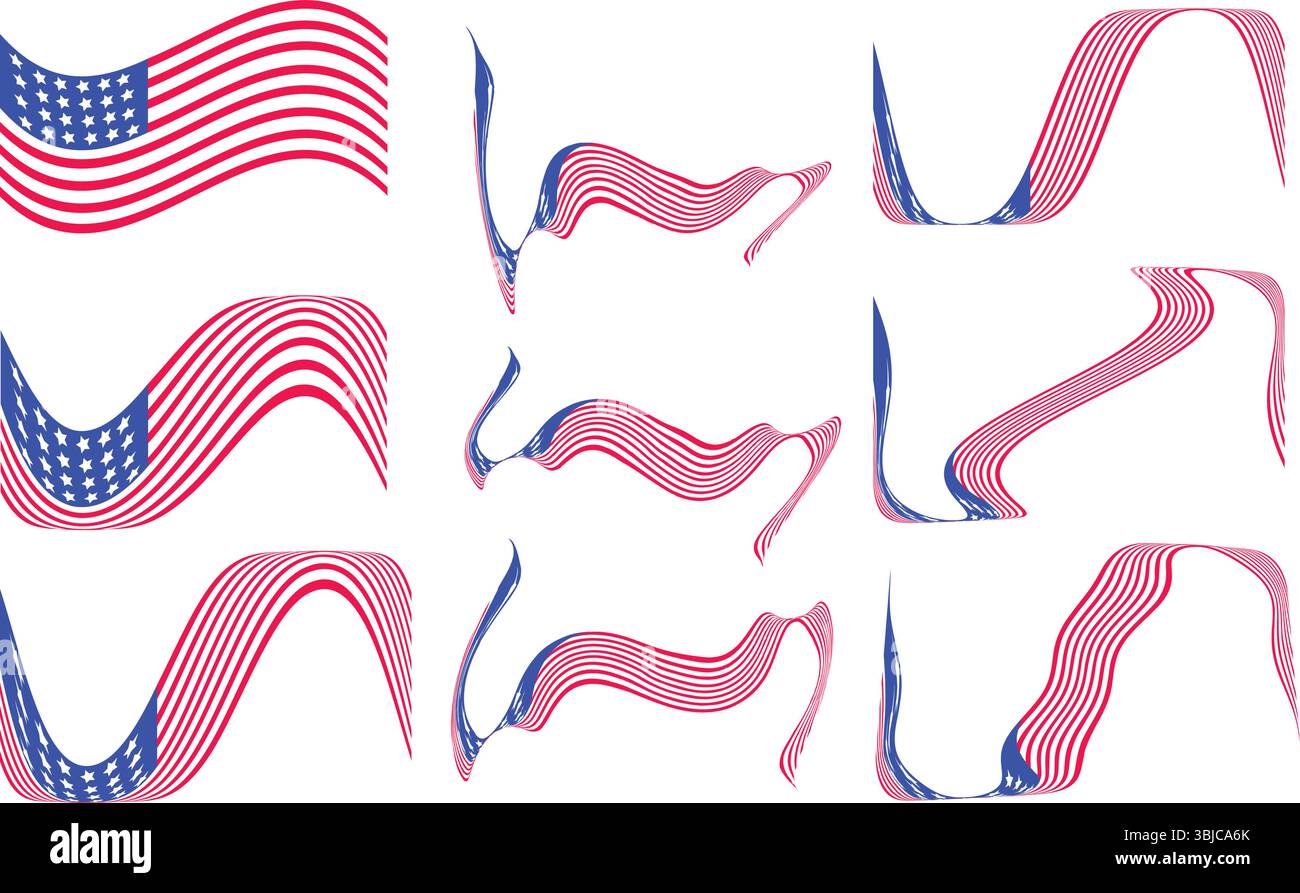 Set of dynamic waving flag shapes red white blue abstract elements for ...