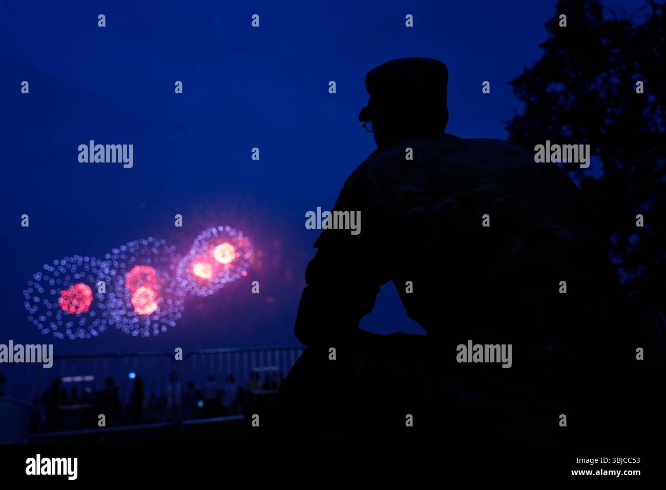 Members of military watch fireworks at the end of a military parade ...