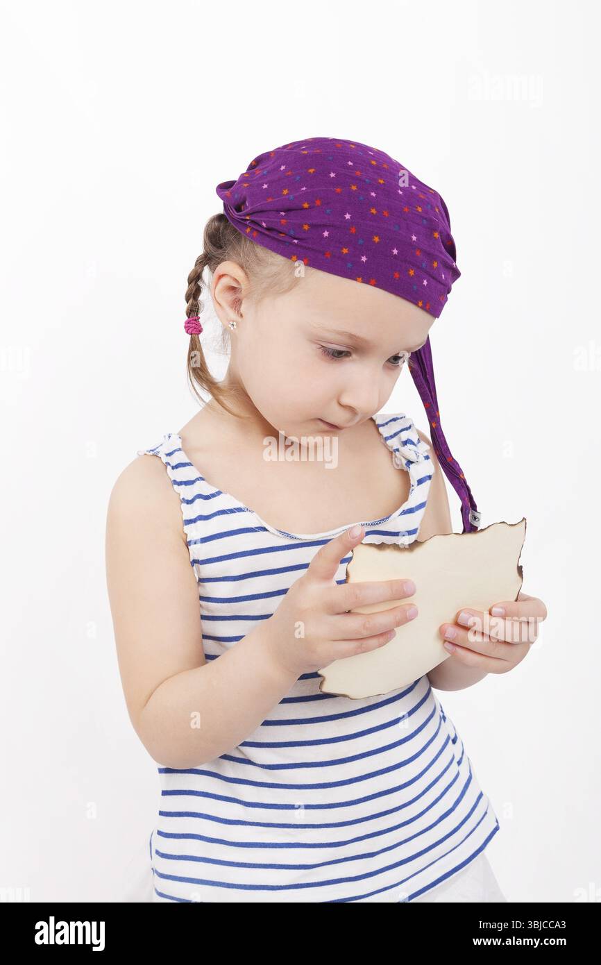 Kid captain with map isolated on white background Stock Photo - Alamy