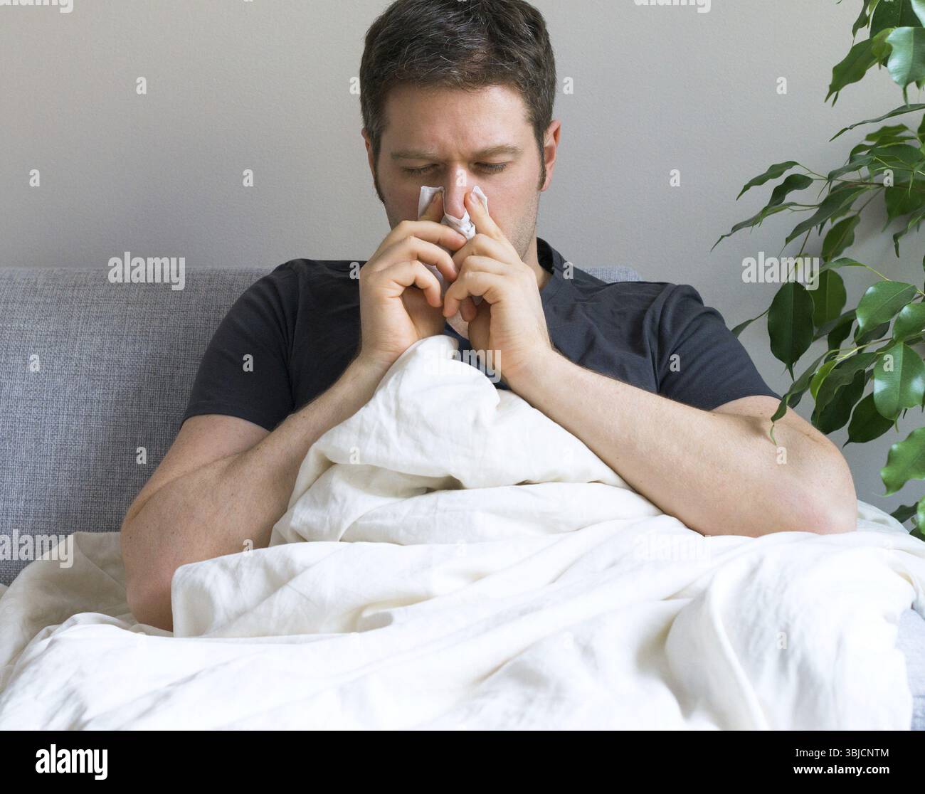 Sick man blowing his nose while lying on bed at home Stock Photo - Alamy