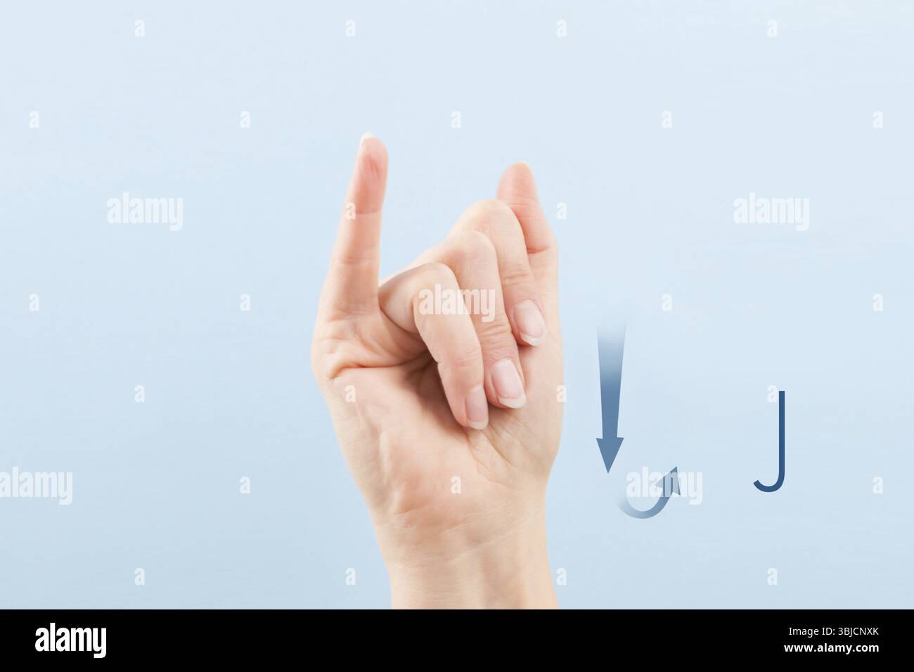 American sign language. Female hand showing letter J isolated on blue ...