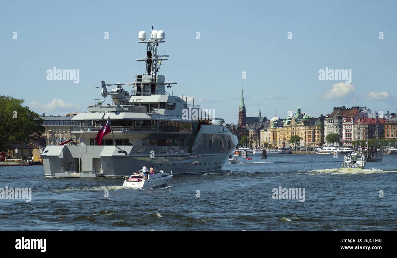 Private luxury ship with helipad heading to the port of Stockholm Stock ...