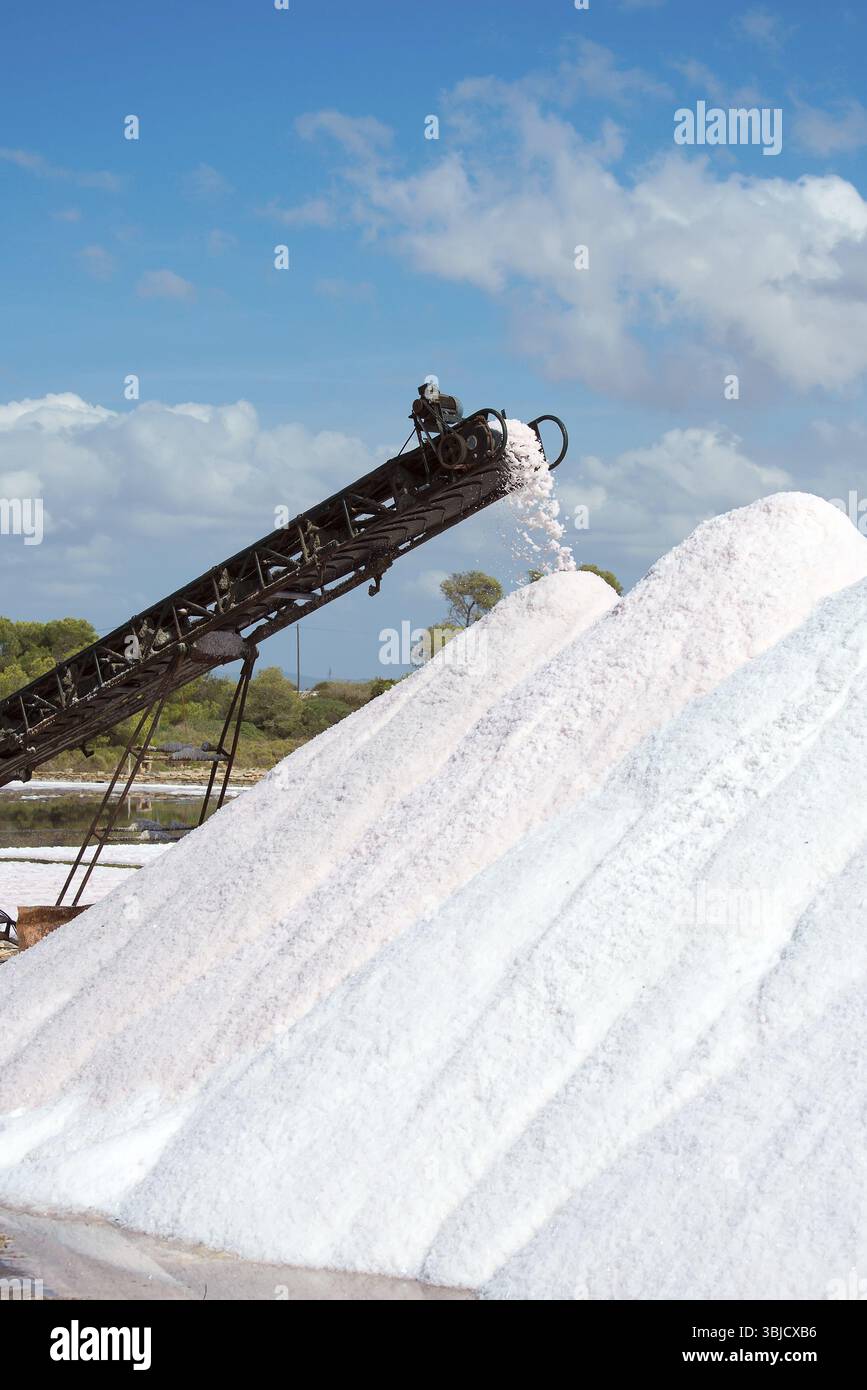 Sea salt production. The conveyor belt with salt Stock Photo - Alamy