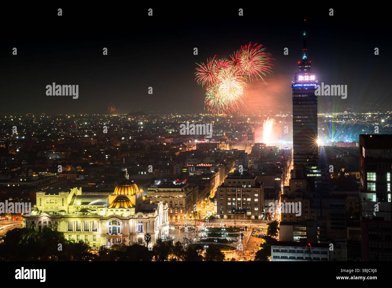 Long exposure view of fireworks and light shows illuminating the Zocalo ...