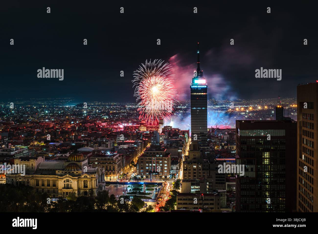 Long exposure view of fireworks and light shows illuminating the Zocalo ...
