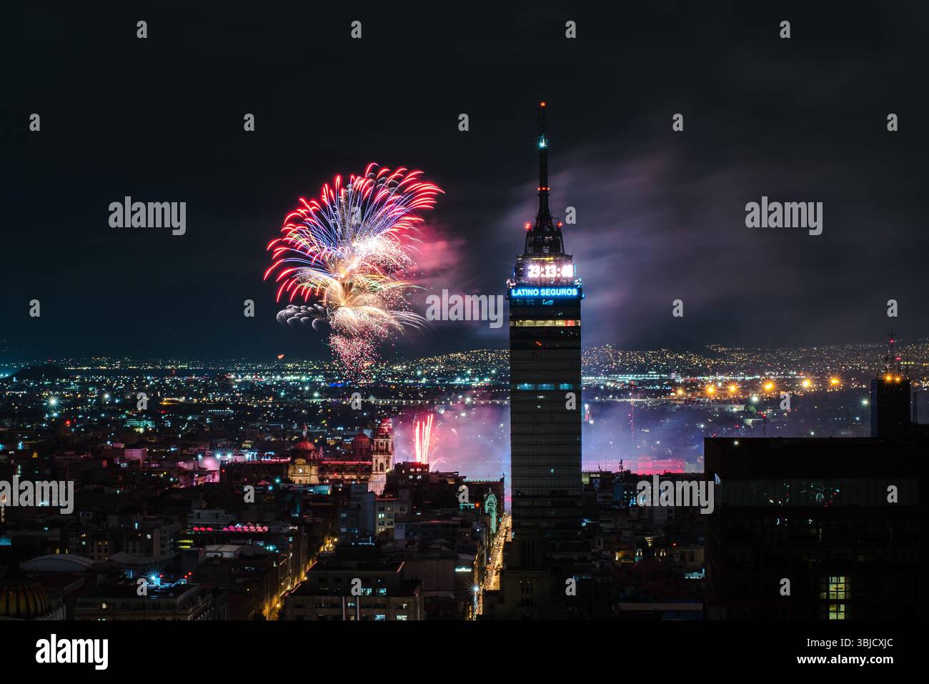 Long exposure view of fireworks and light shows illuminating the Zocalo ...