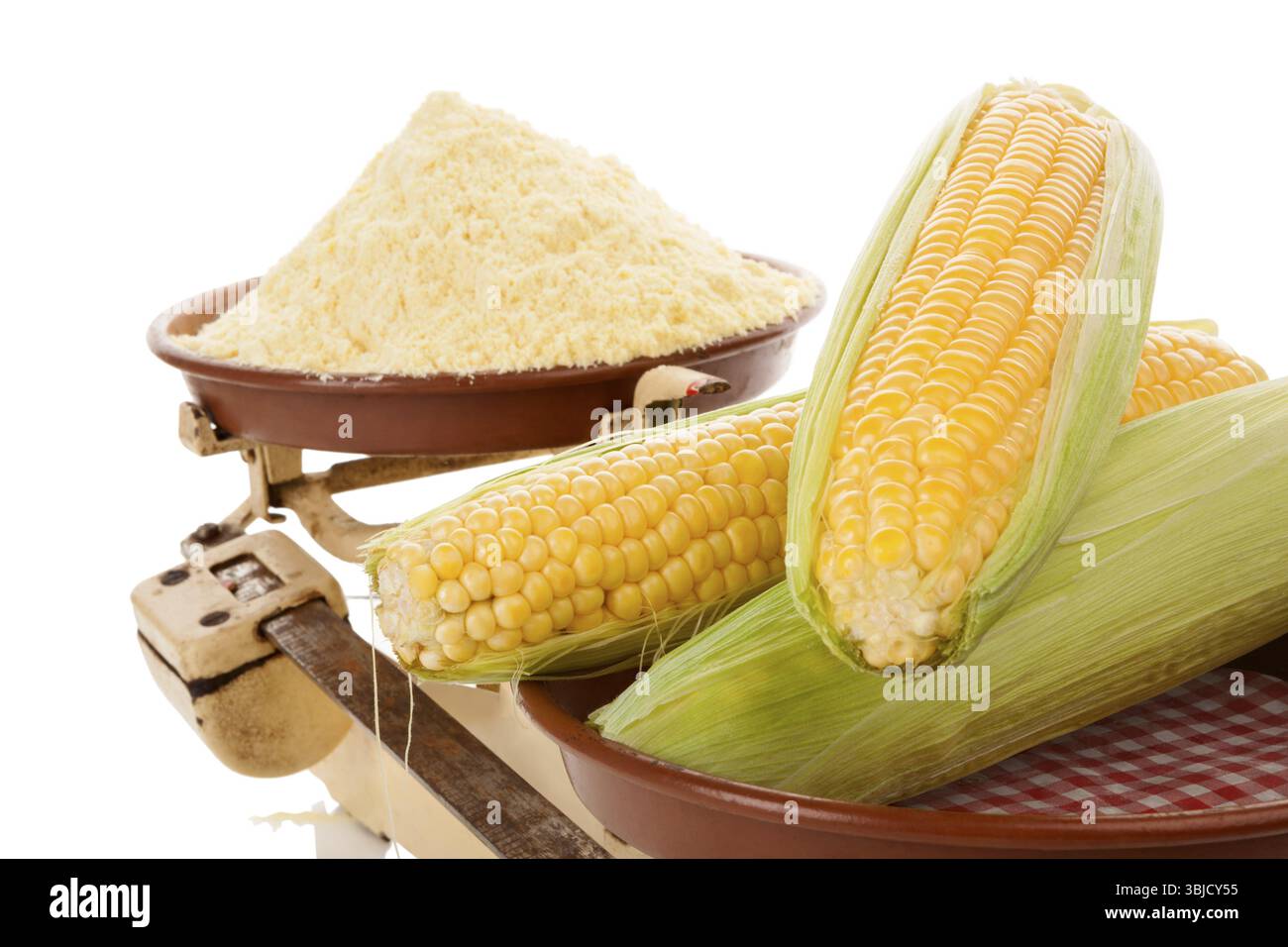 Corn cobs with corn flour on vintage weight scale. Isolated on white ...