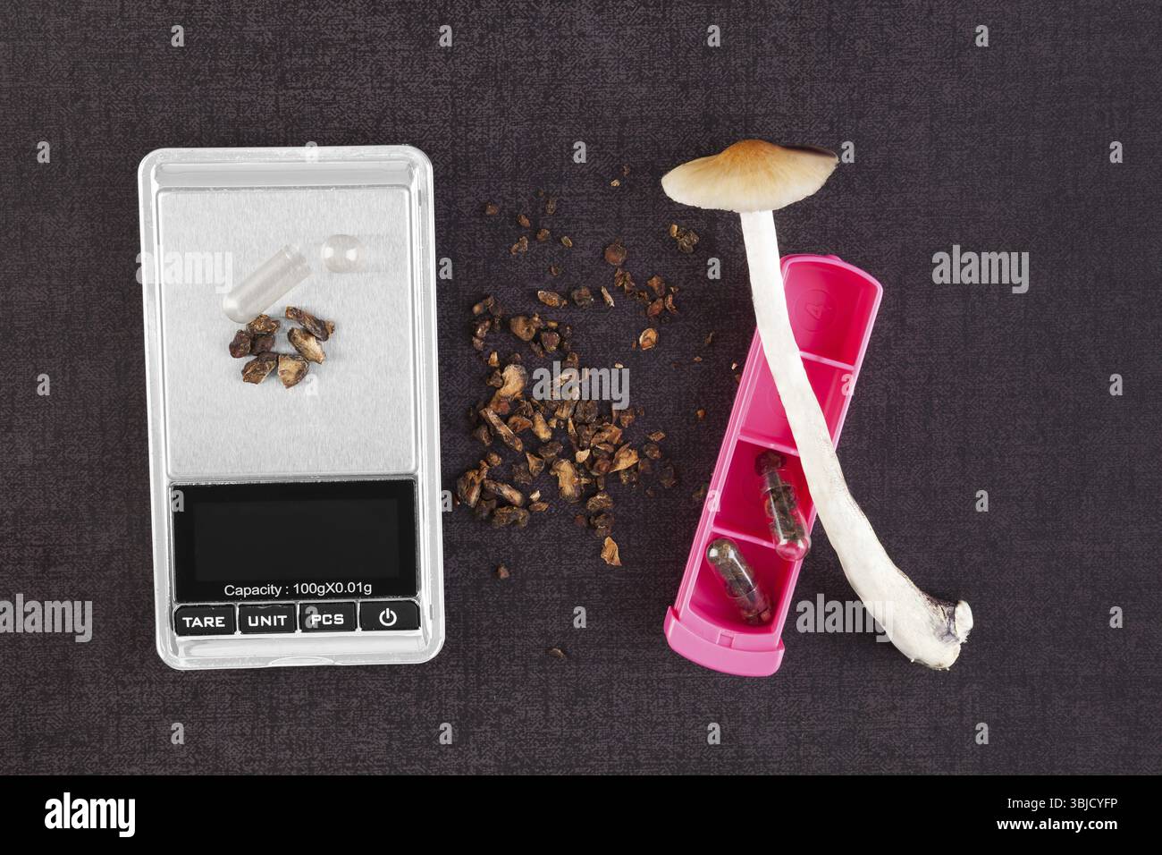 Fresh and dry psychedelic psilocybin magic mushroom with pillbox and ...