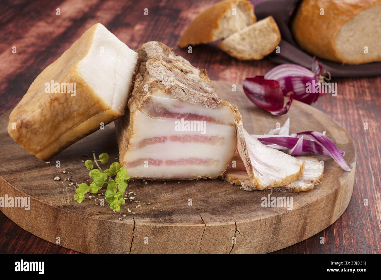 Delicious bacon background, vintage country style. Bacon on wooden ...