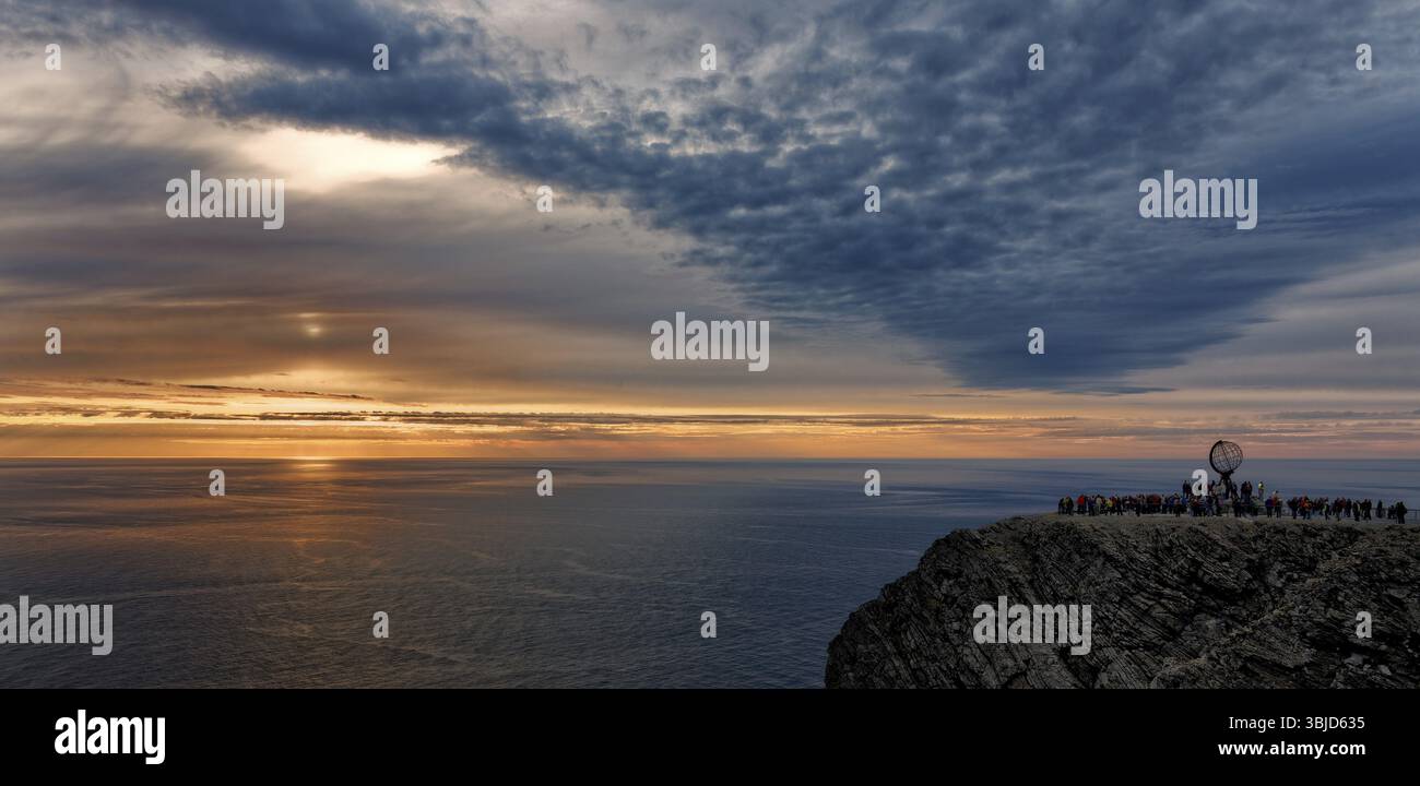 Panoramic view of North Cape plateau and globe at midnight, Norway ...