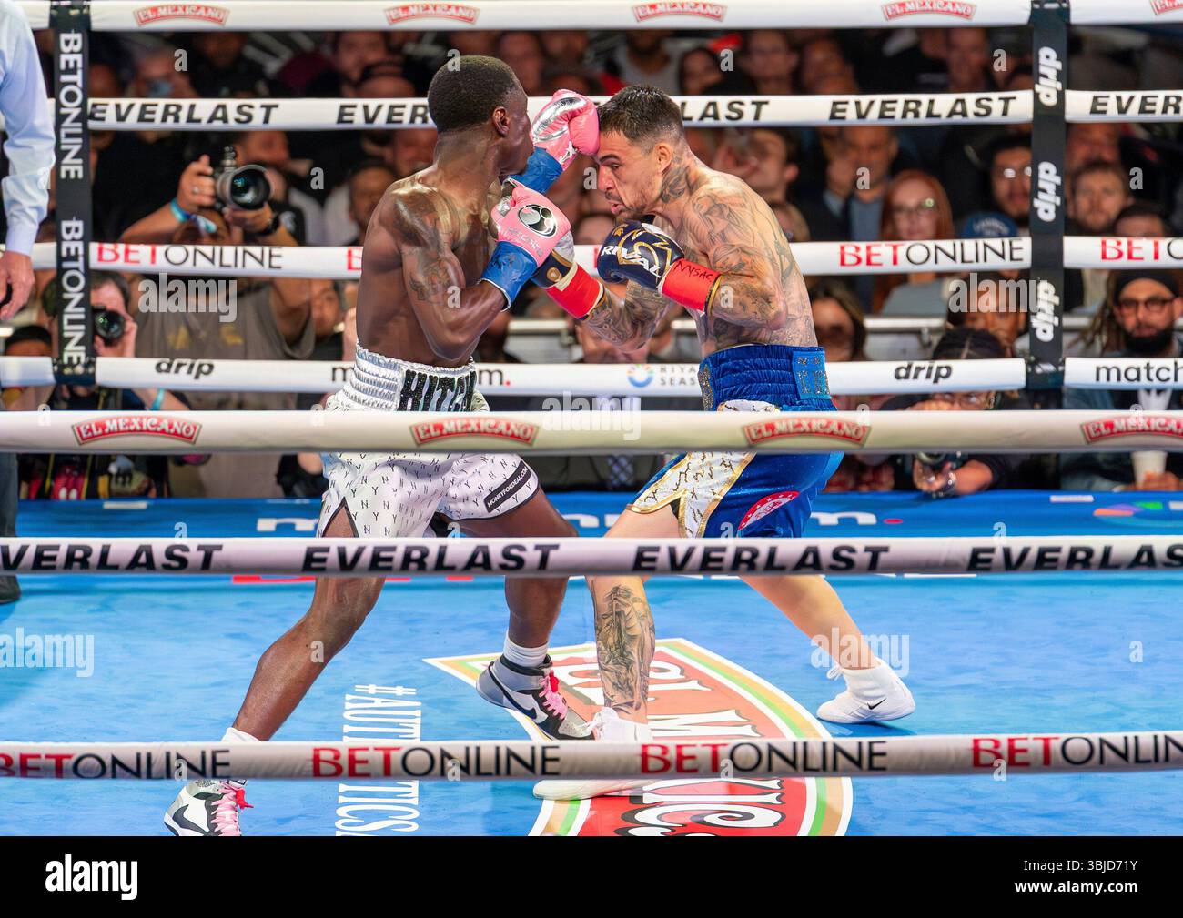 June 14, 2025, New York, New York, USA: RICHARDSON HITCHINS (white trunks) defeats GEORGE ...