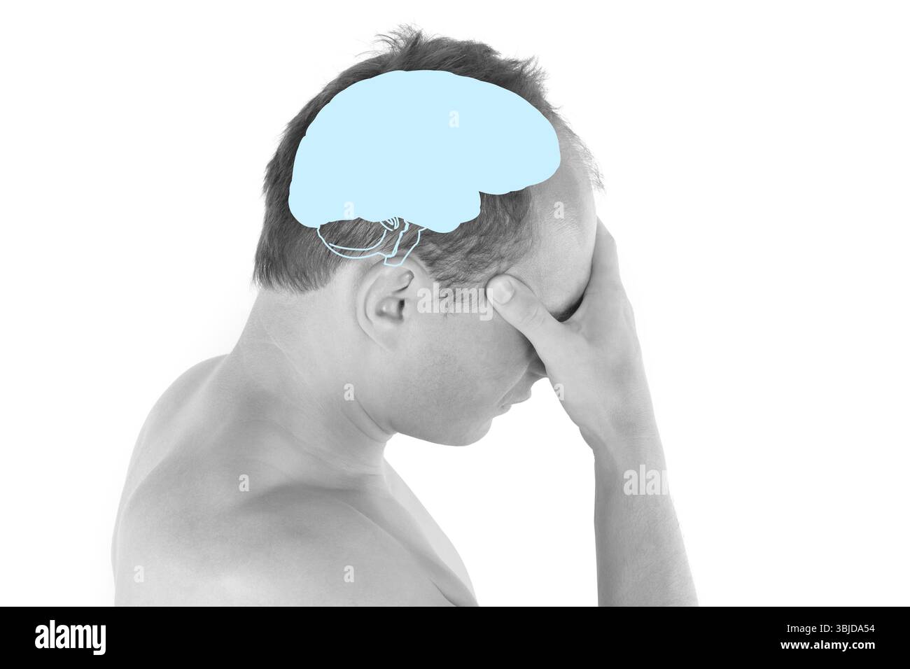 Handsome guy touching his head with brain illustration. Stress ...