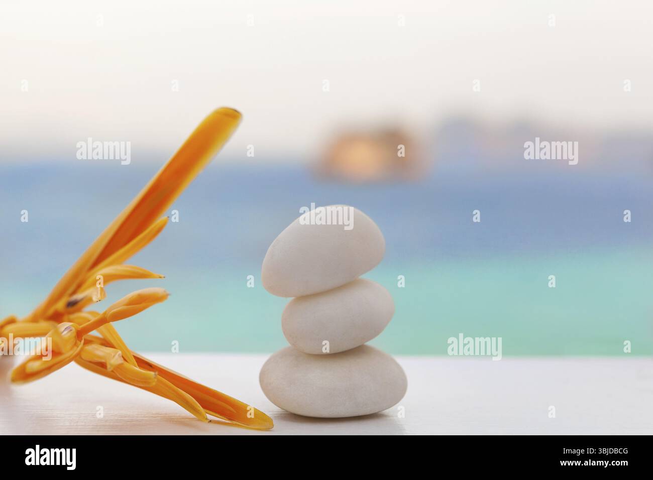 Rock cairn with tropical flour, turquise ocean in background. Zen ...