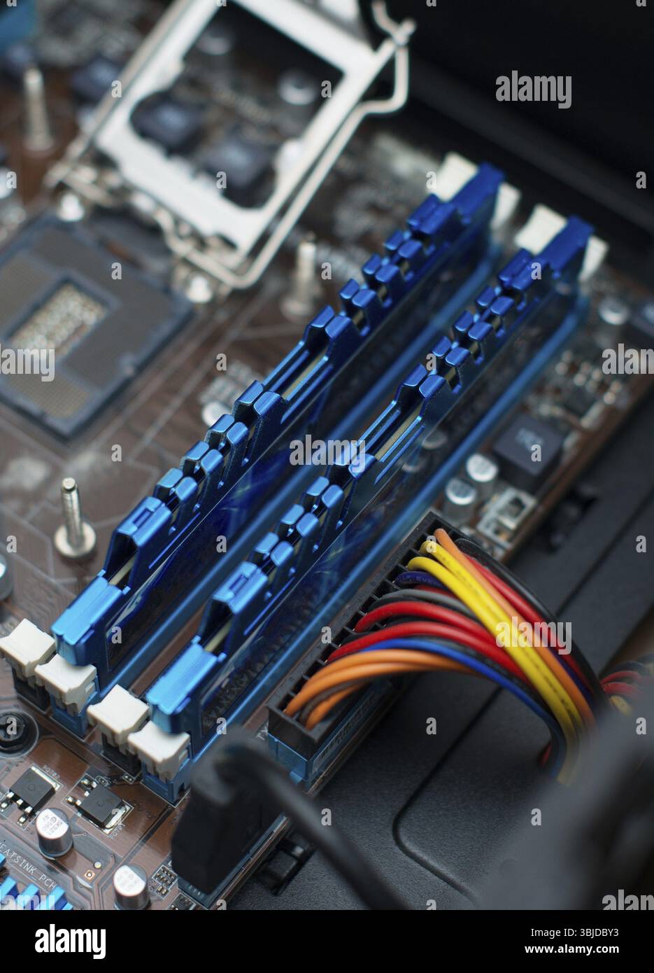 Inside of pc. Motherboard, CPU socket and RAM memory Stock Photo - Alamy
