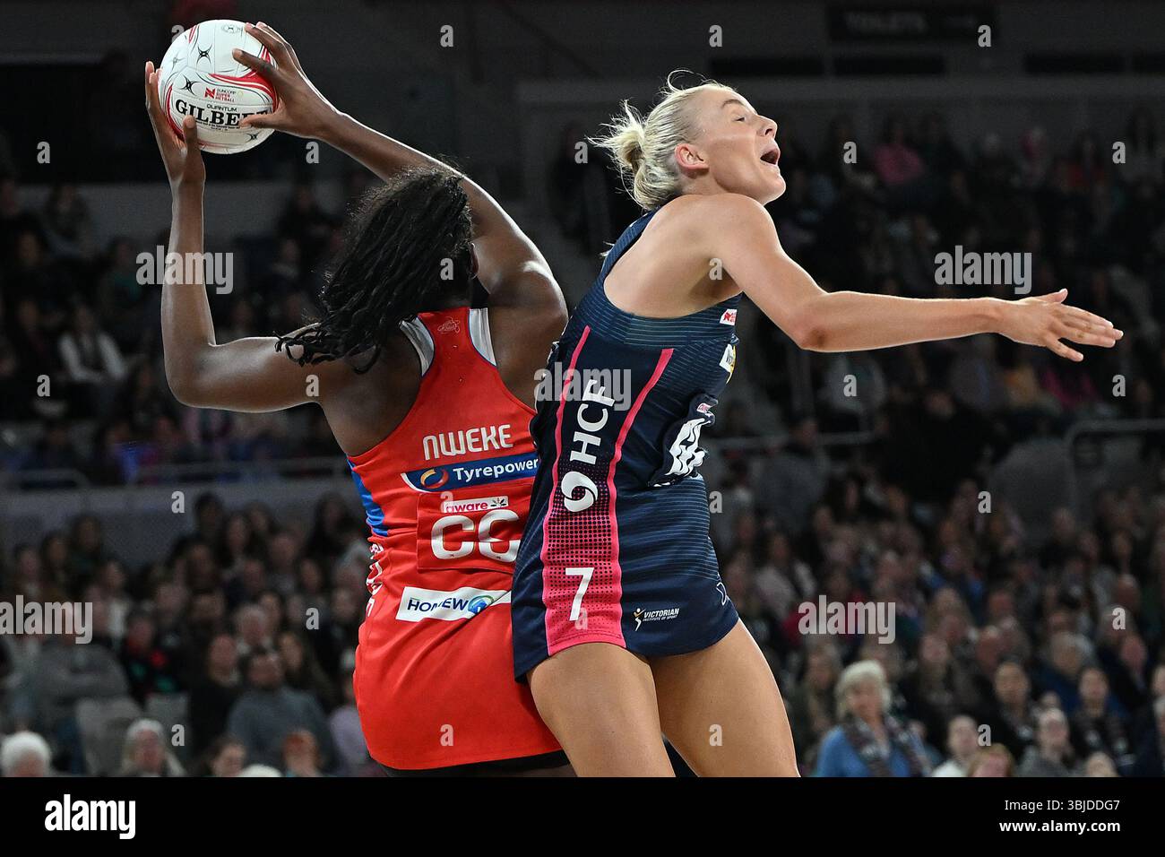 Melbourne, Australia. 15th June, 2025. Grace Nweke of the Swifts (left ...