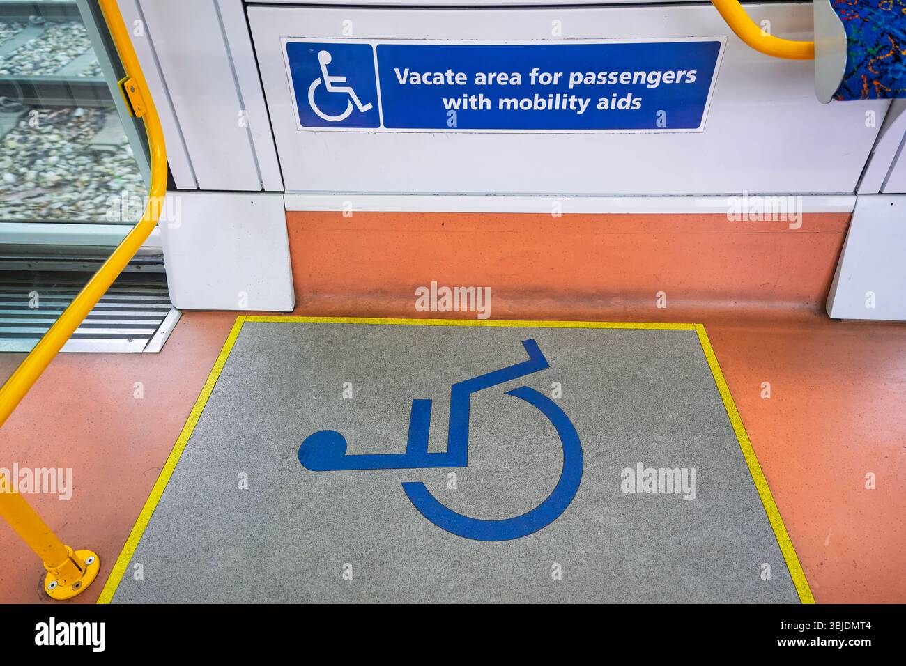 wheelchair disability access area, tram interior, mobility impaired ...