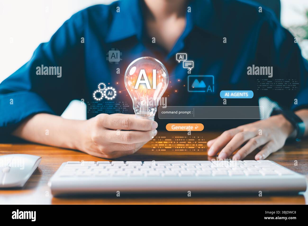 AI agent generate. user holding virtual AI lightbulb icon with Generate ...