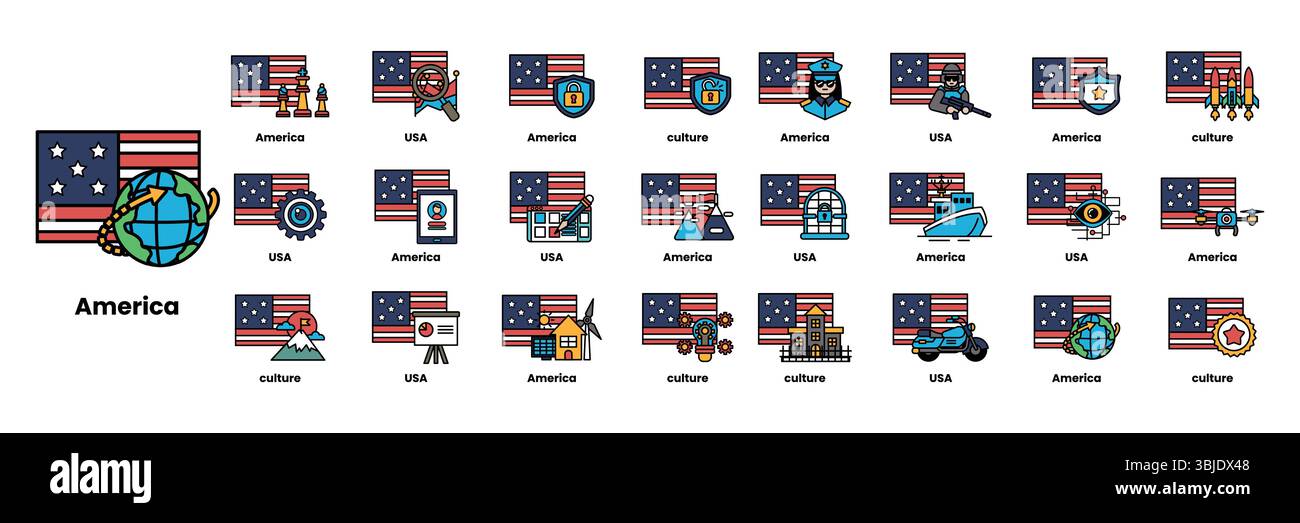 A Set of illustrations in the concept of American flags and things in ...