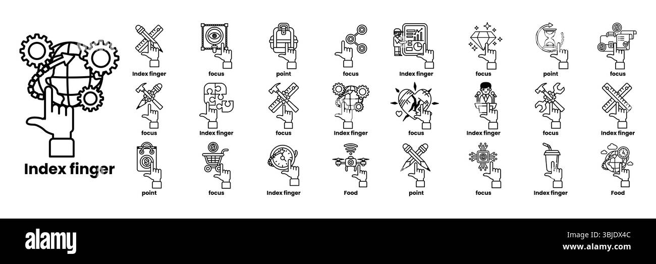 A collection of icons for various things including a hand pointing ...