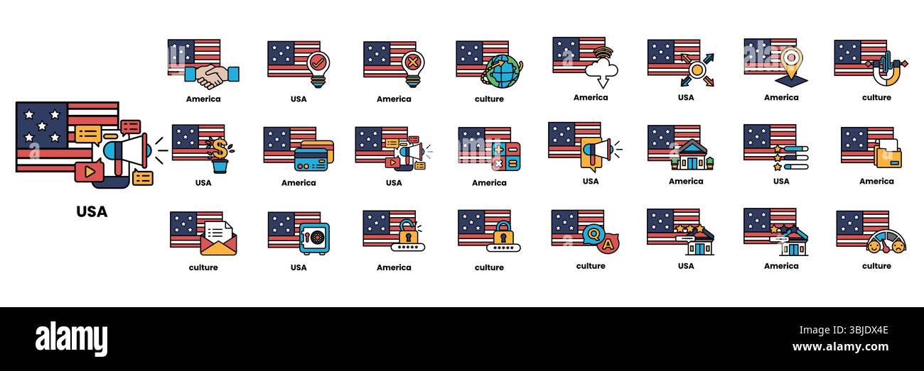 A Set of illustrations in the concept of American flags and things in ...